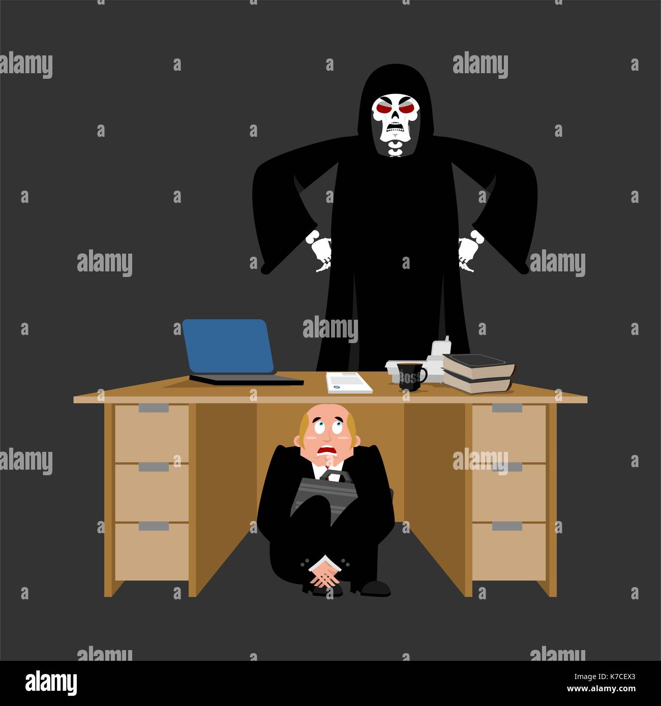 Businessman scared under table of Grim Reaper. frightened business man ...