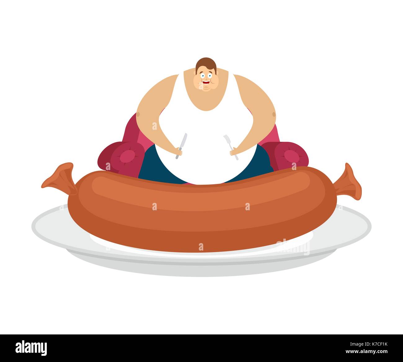 Fat guy is sitting on chair and sausage. Glutton Thick man and food ...
