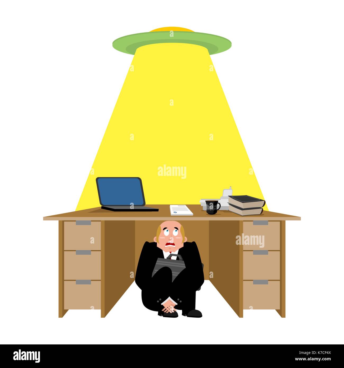 Businessman scared under table of UFO. frightened business man under ...