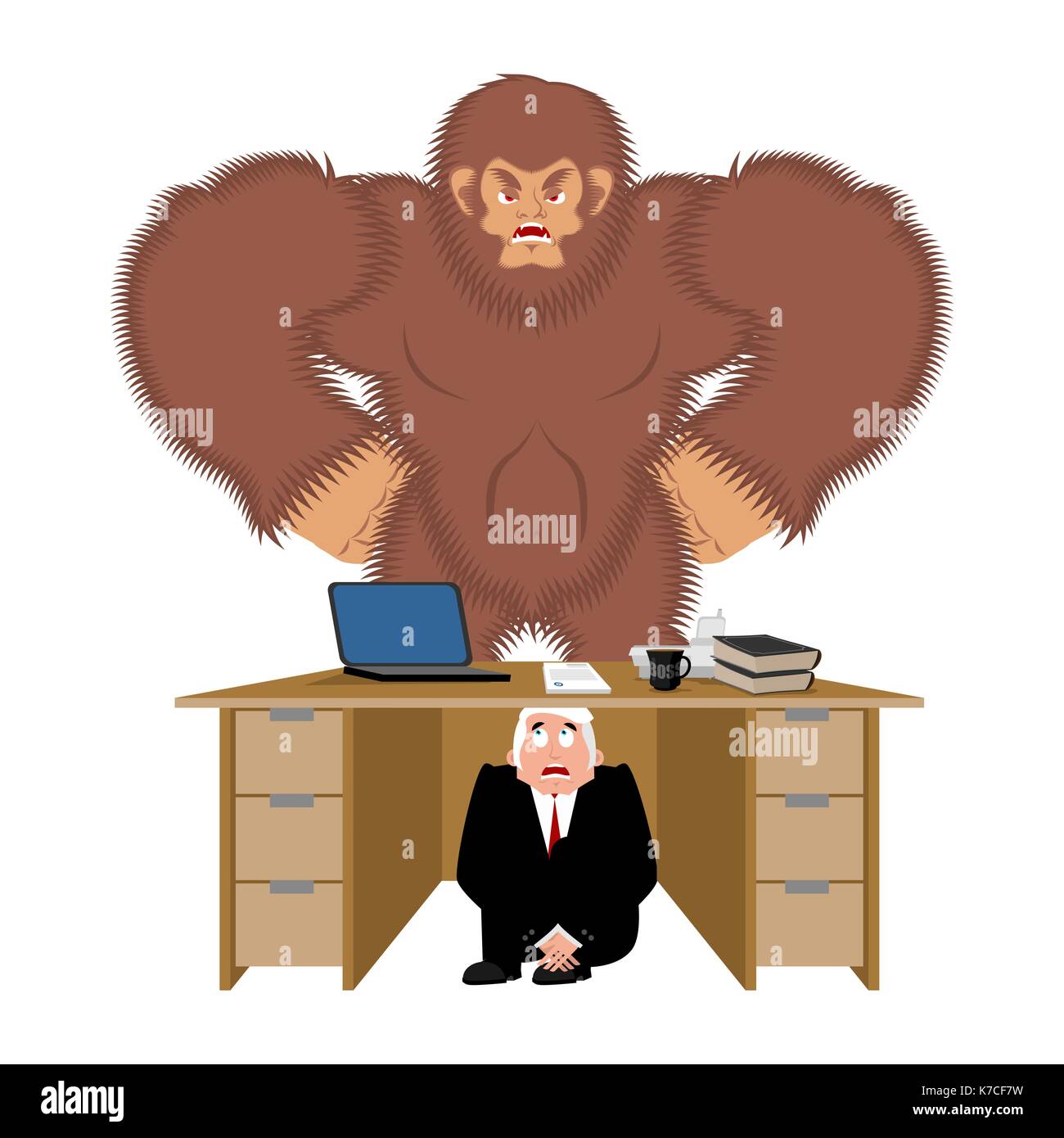 Businessman scared under table of bigfoot. To hide from to be eaten ...