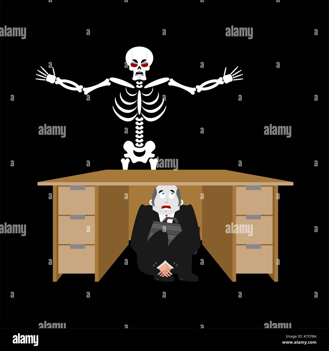 Businessman scared under table of skeleton. frightened business man ...