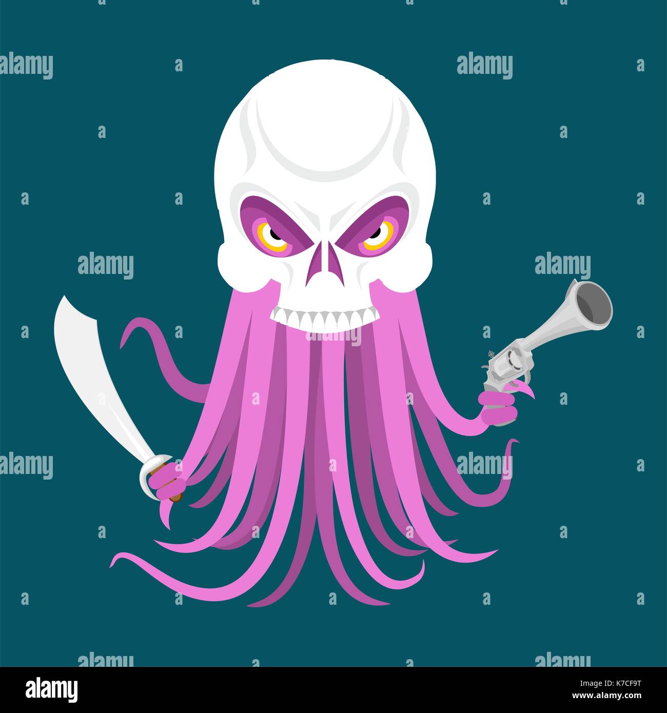 Octopus and skull. poulpe and head of skeleton. Vector illustration ...