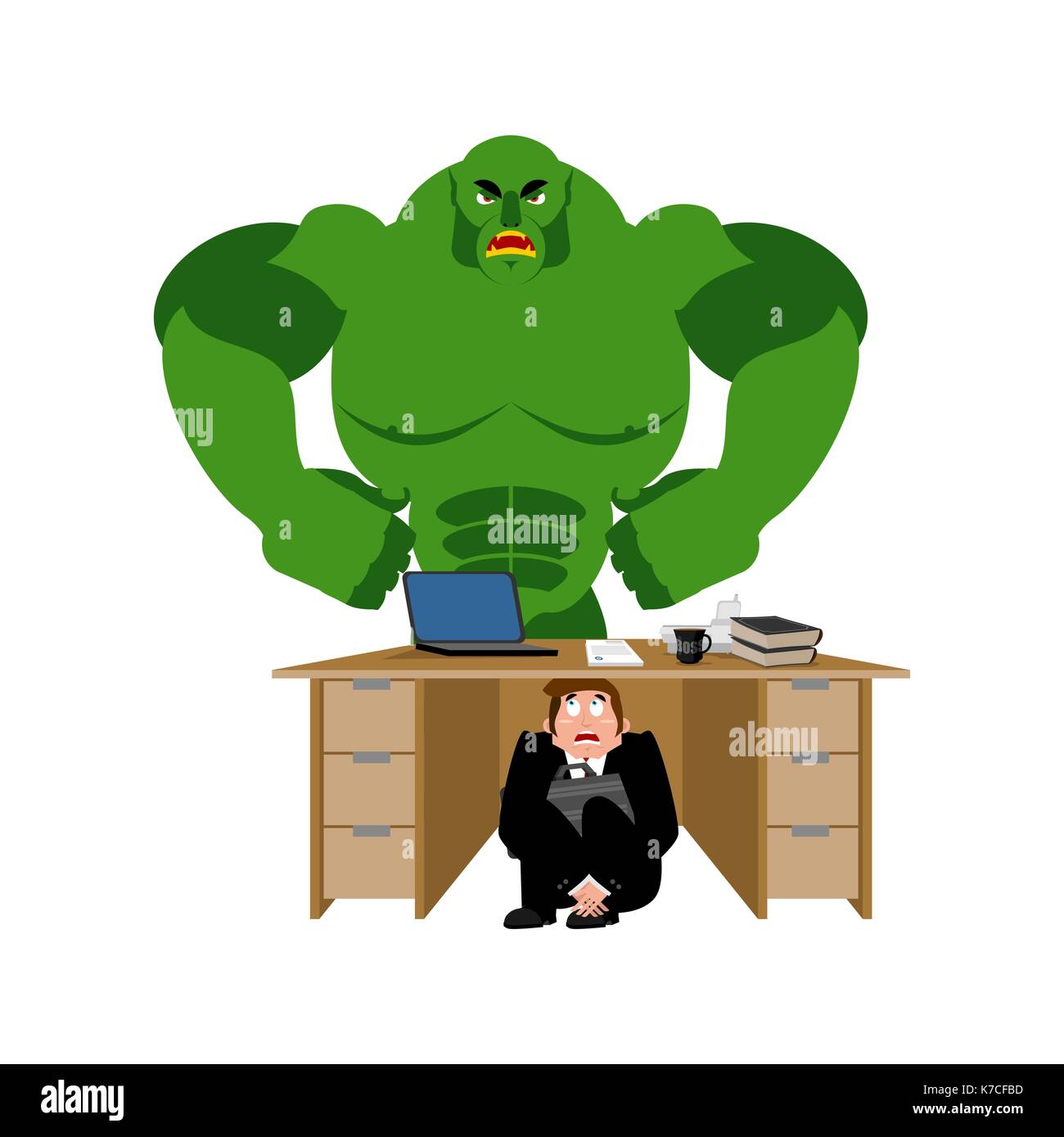 Businessman scared under table of green monster. Vector illustration ...