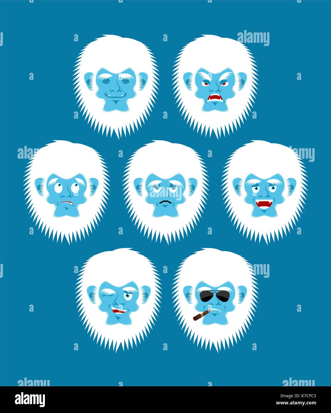 Yeti emoji set. Bigfoot sad and angry face. Abominable snowman guilty ...