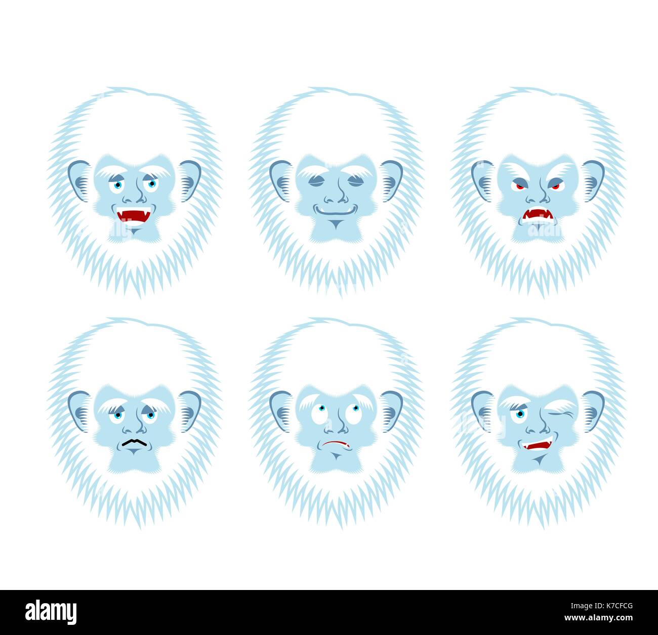 Yeti emoji set. Bigfoot sad and angry face. Abominable snowman guilty ...