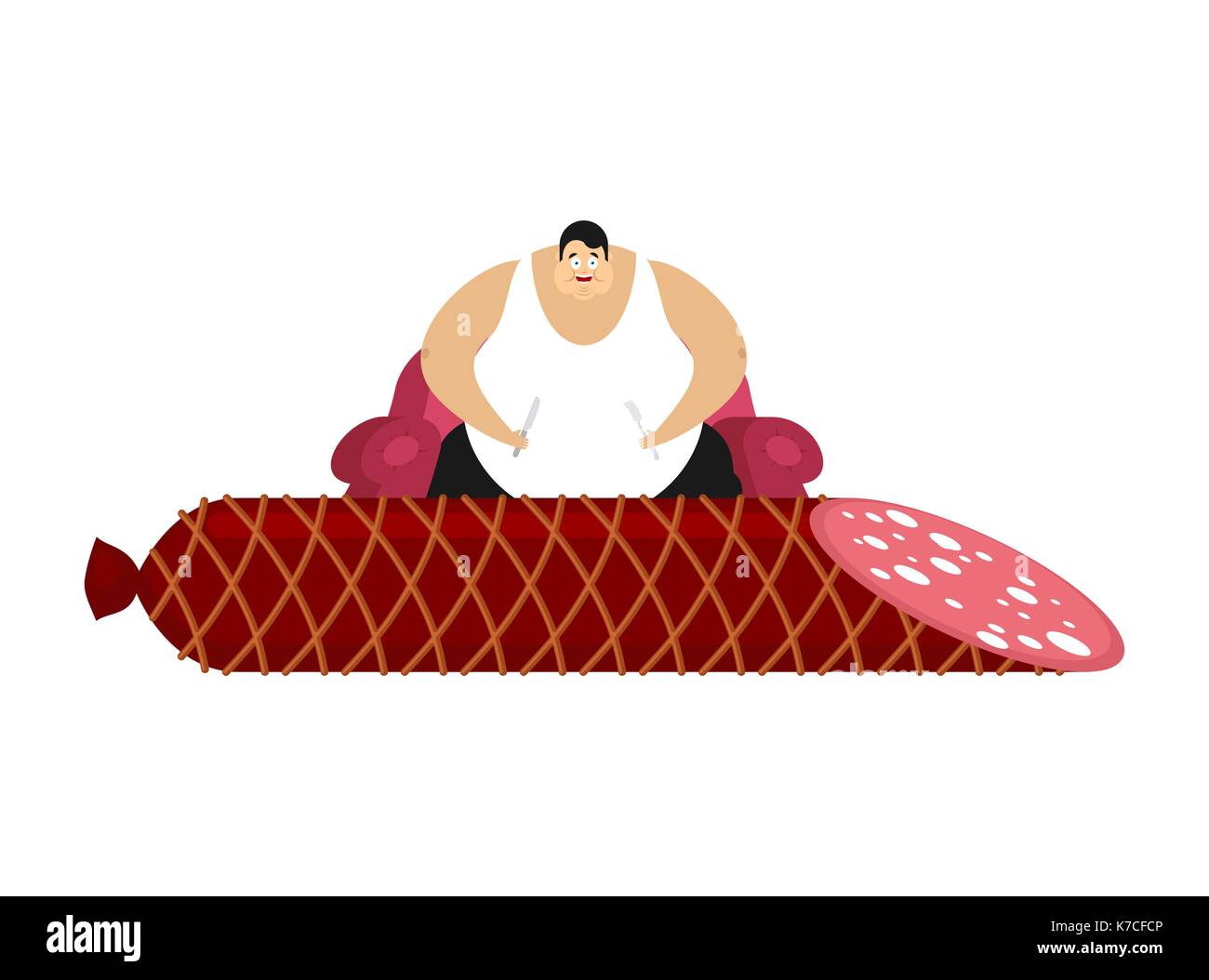 Fat guy is sitting on chair and salami. Glutton Thick man and sausage ...