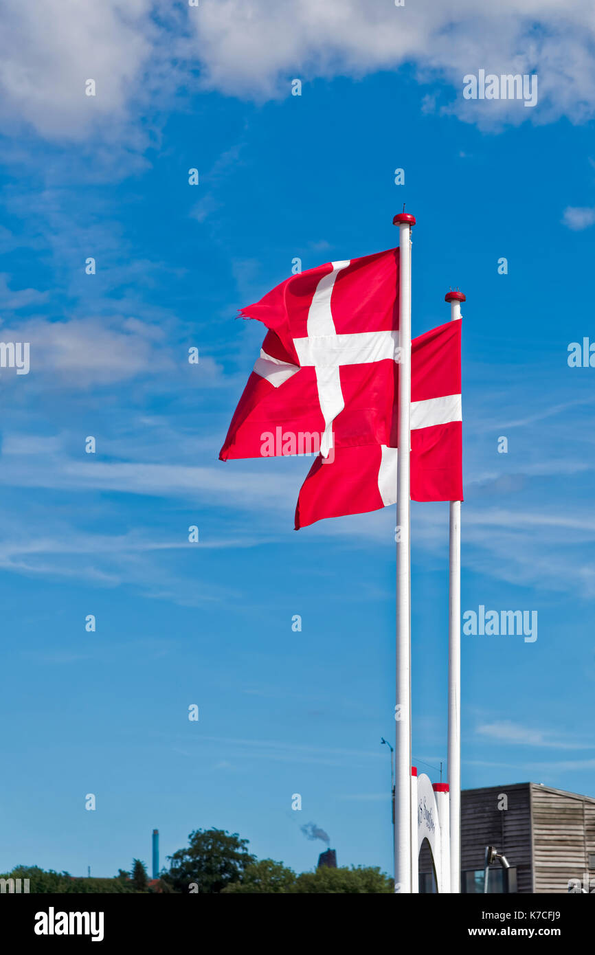 Two flags of Denmark, moving from wind with blue sky and clear clouds ...