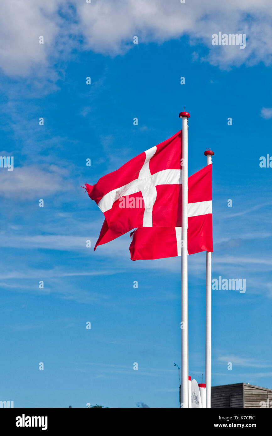 Two flags of Denmark, moving from wind with blue sky and clear clouds ...