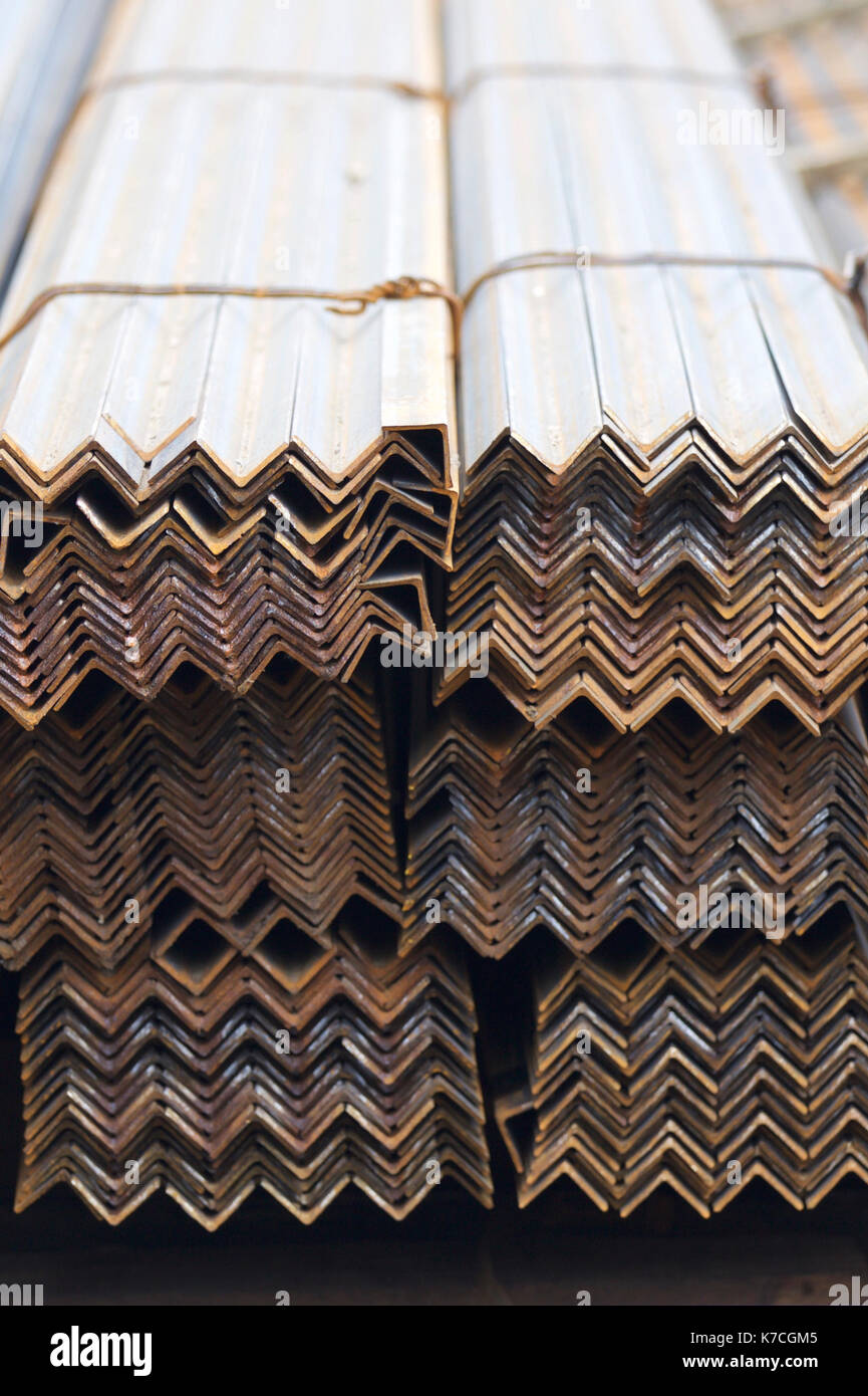 Metal profile angle in packs at the warehouse of metal products, Russia ...