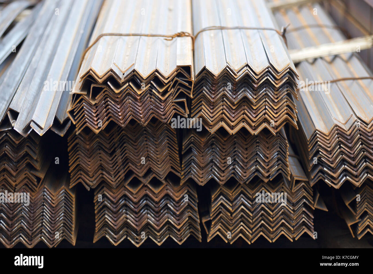 Metal profile angle in packs at the warehouse of metal products, Russia ...