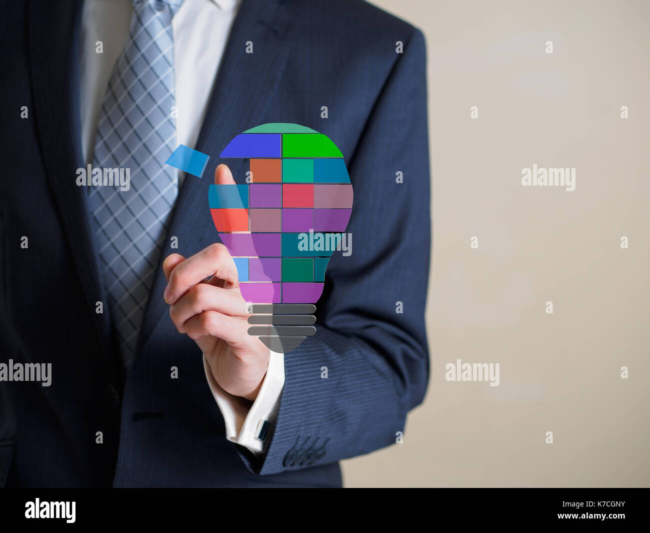 Business man point a light bulb infographic sign Stock Photo - Alamy