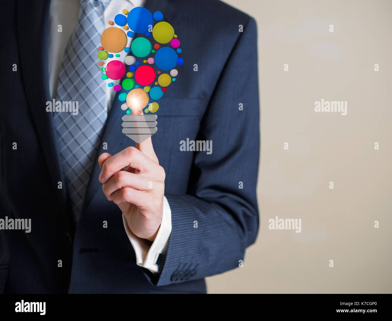 Business man point a light bulb infographic sign Stock Photo - Alamy