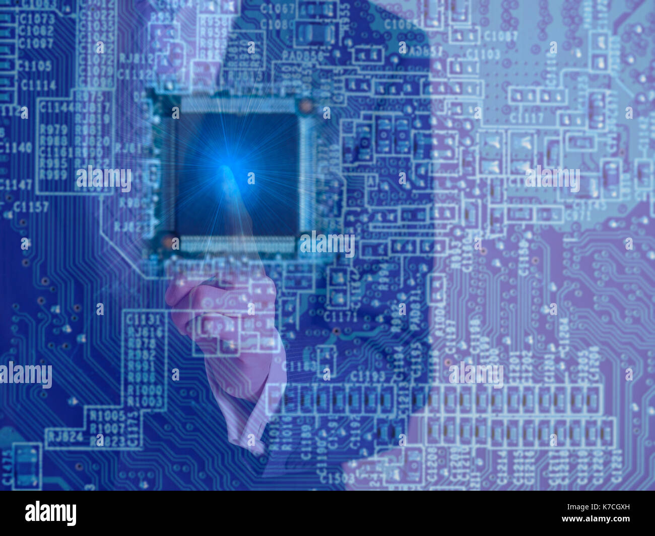 Business man point IC chip with PCB board texture Stock Photo - Alamy
