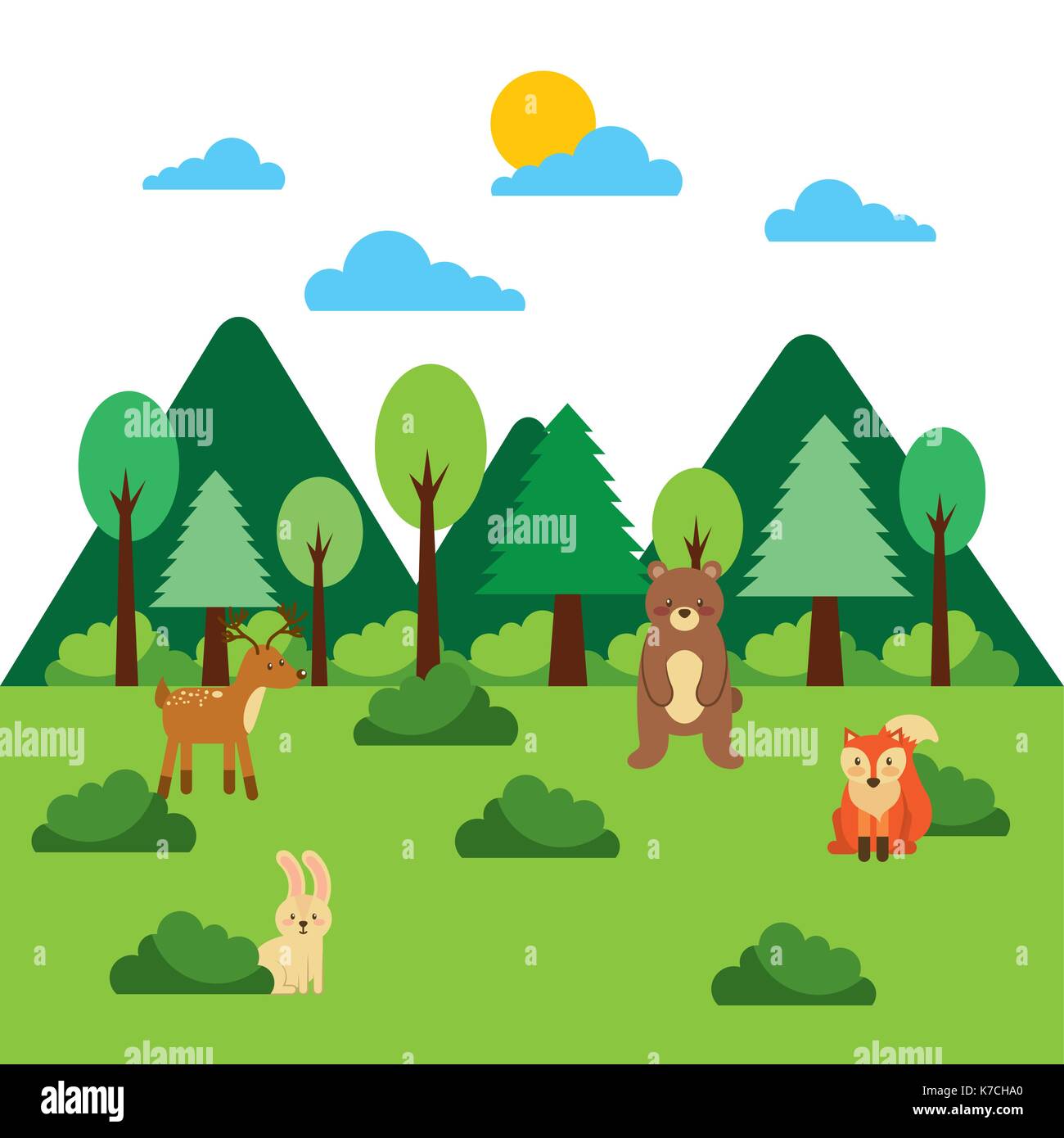 forest and animals wildlife mountains pine tree landscape Stock Vector ...