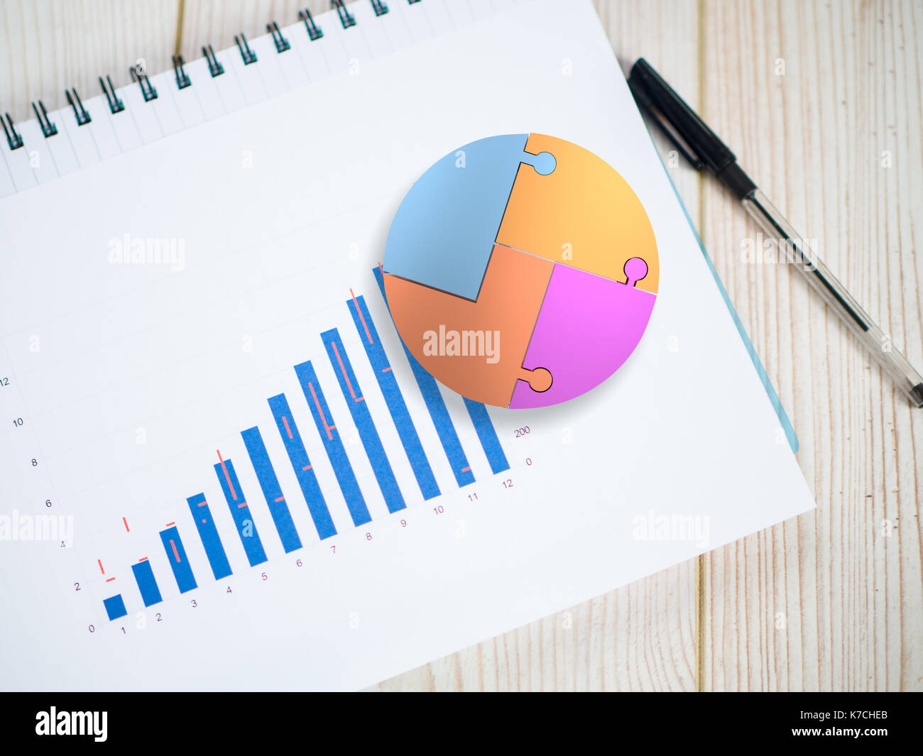 puzzle pie chart on growing bar graph Stock Photo - Alamy