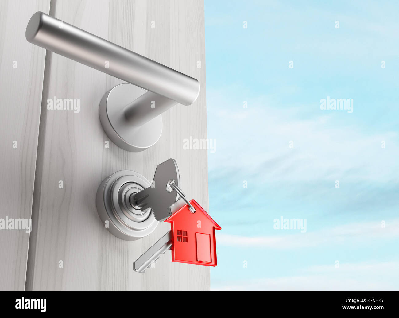 Door with keys, new home, open room, 3d render illustration Stock Photo ...