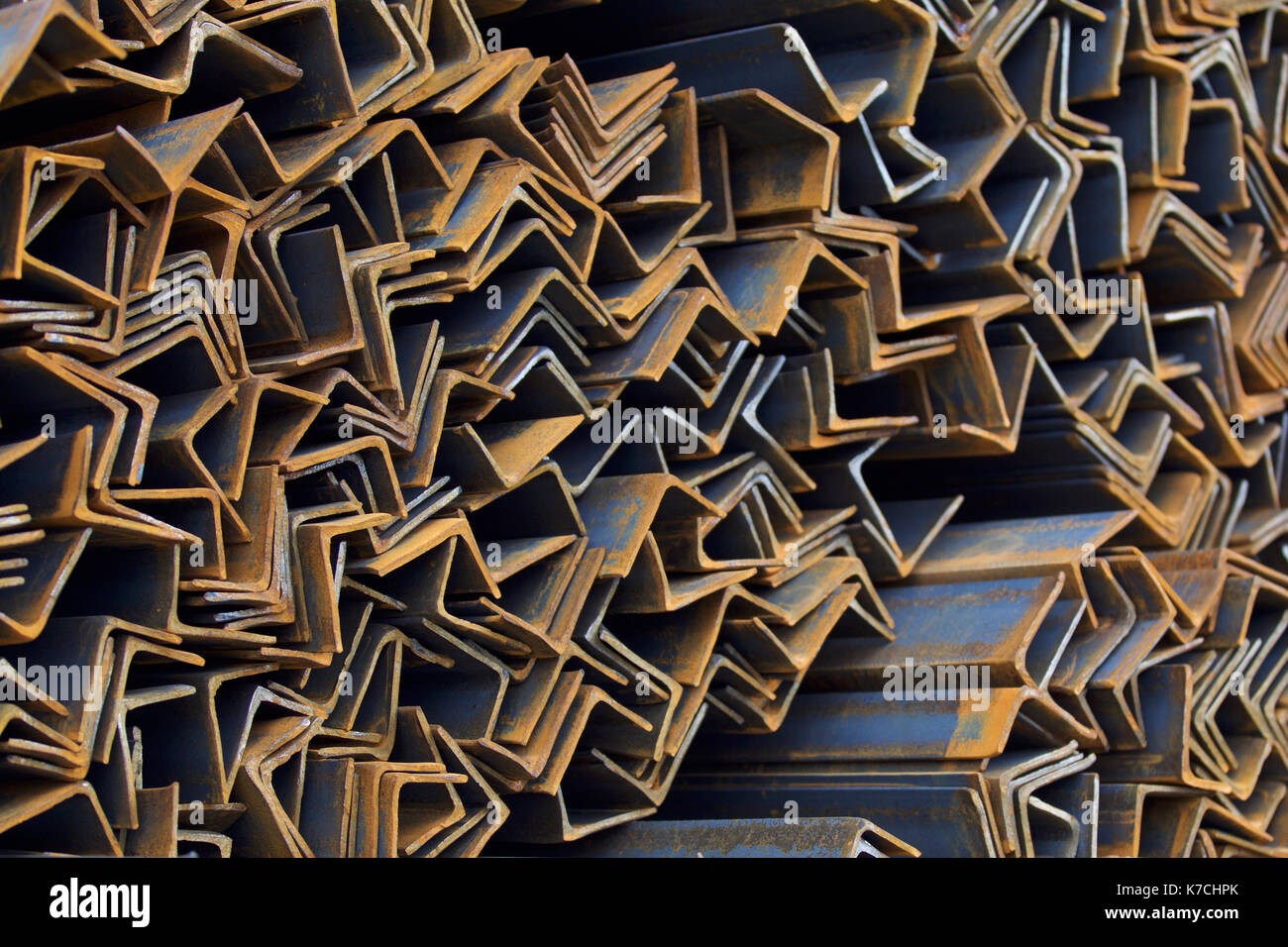 Metal profile angle in packs at the warehouse of metal products, Russia ...