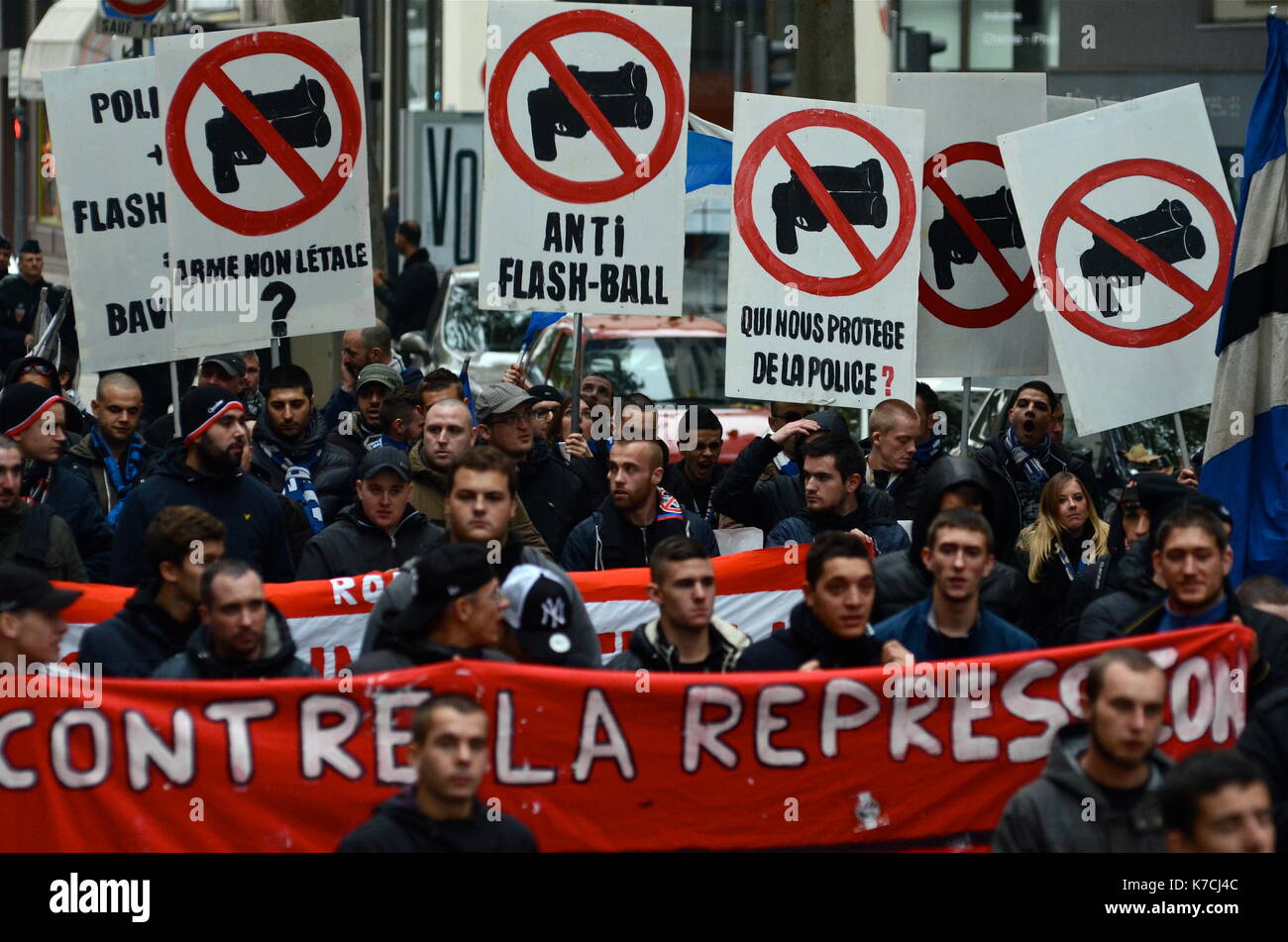 Football supporters march to protest Police violences, Lyon, France ...