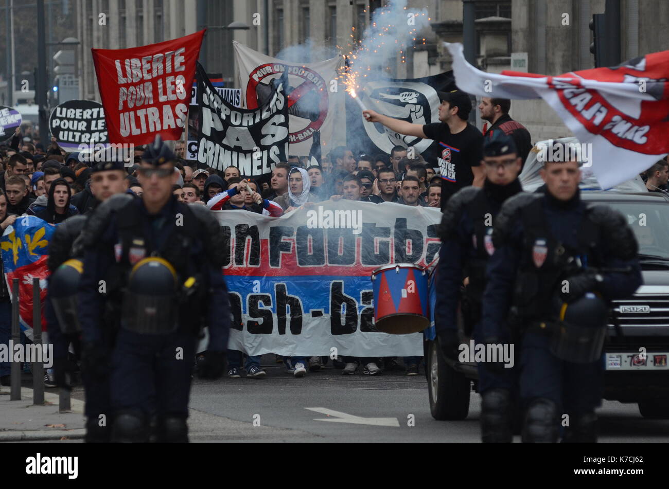 Football supporters march to protest Police violences, Lyon, France ...