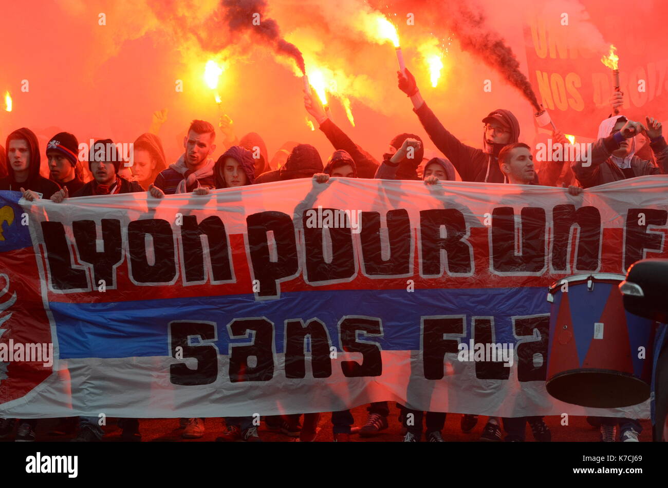 Football supporters march to protest Police violences, Lyon, France ...