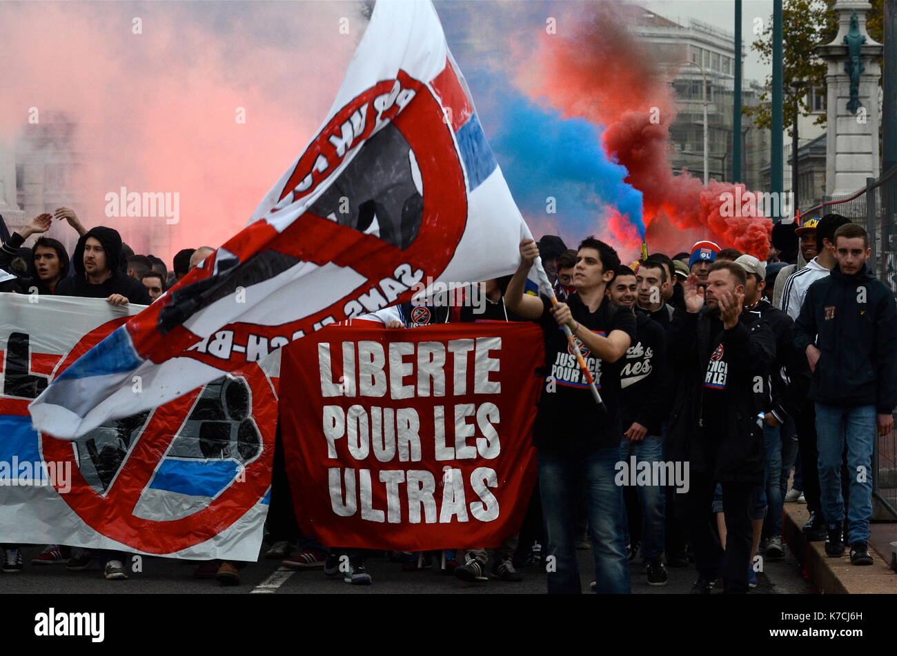 Football supporters march to protest Police violences, Lyon, France ...