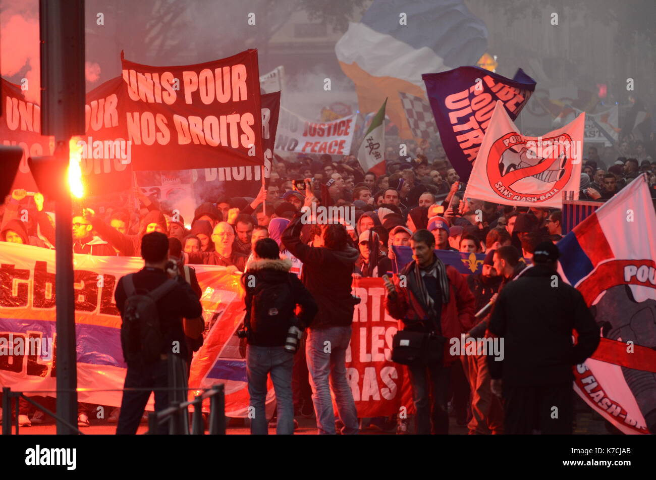 Football supporters march to protest Police violences, Lyon, France ...