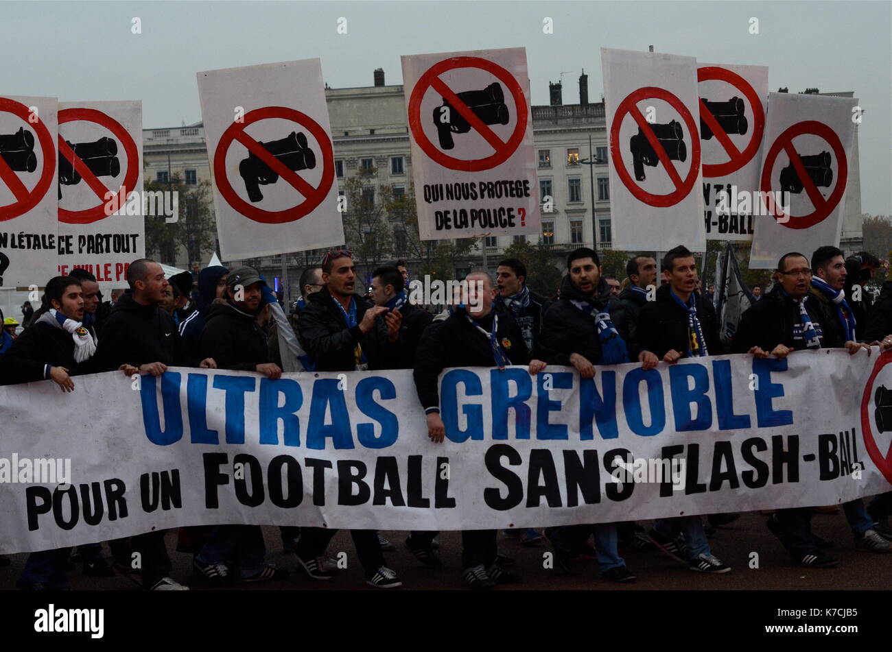 Football supporters march to protest Police violences, Lyon, France ...