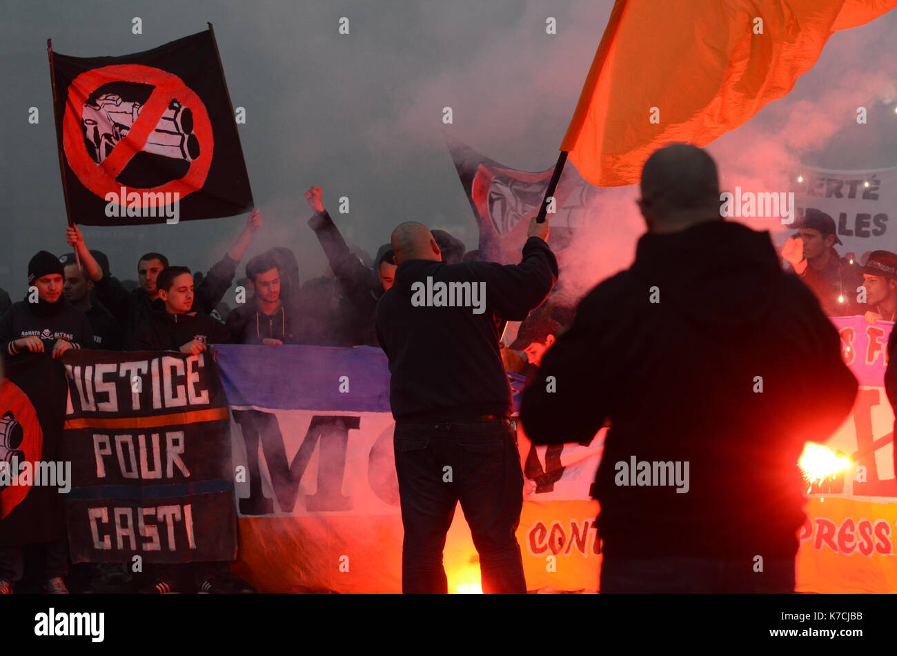Football supporters march to protest Police violences, Lyon, France ...