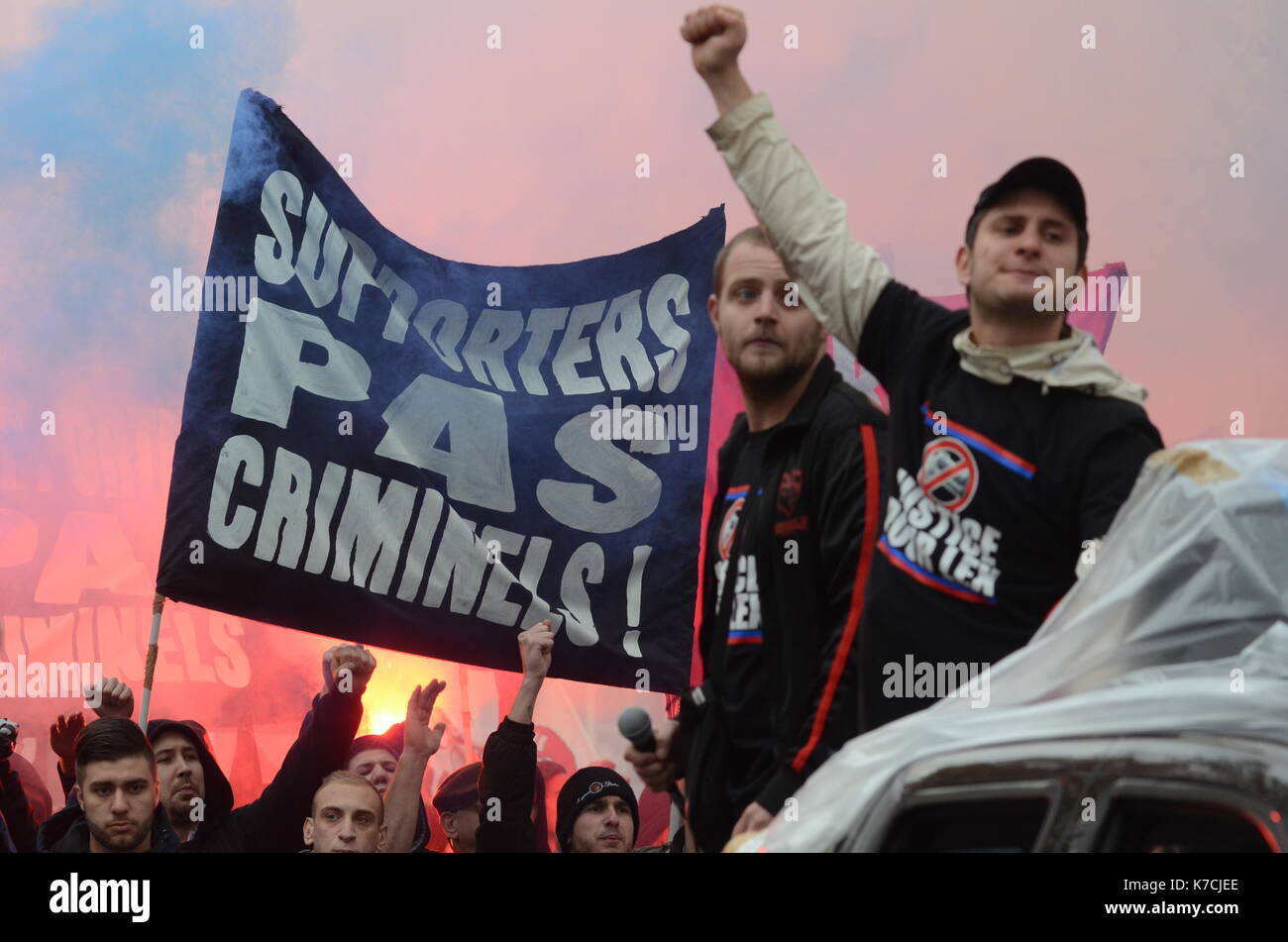 Football supporters march to protest Police violences, Lyon, France ...