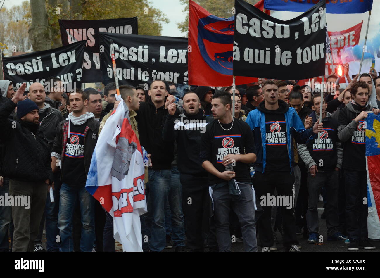 Football supporters march to protest Police violences, Lyon, France ...