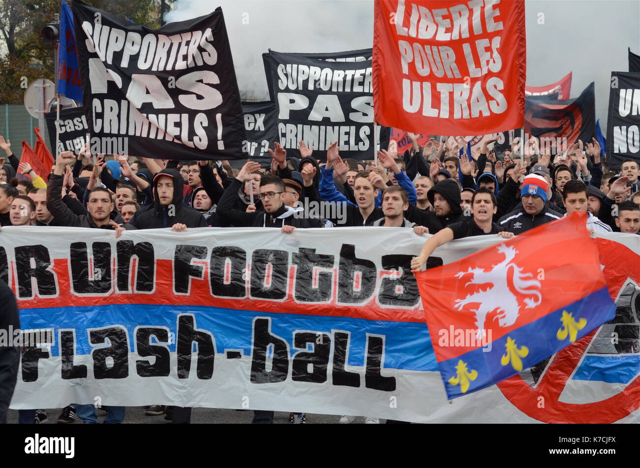 Football supporters march to protest Police violences, Lyon, France ...