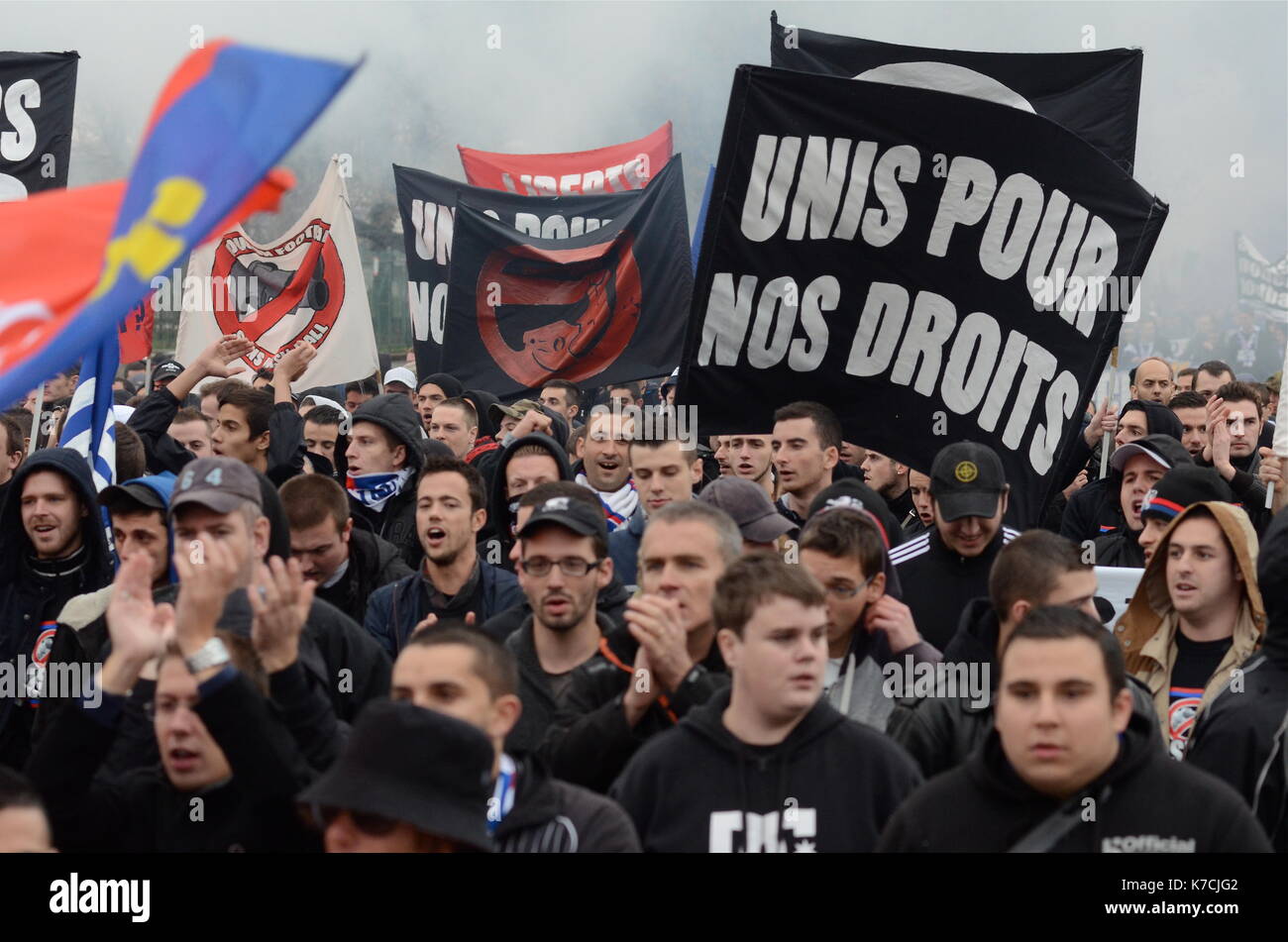 Football supporters march to protest Police violences, Lyon, France ...