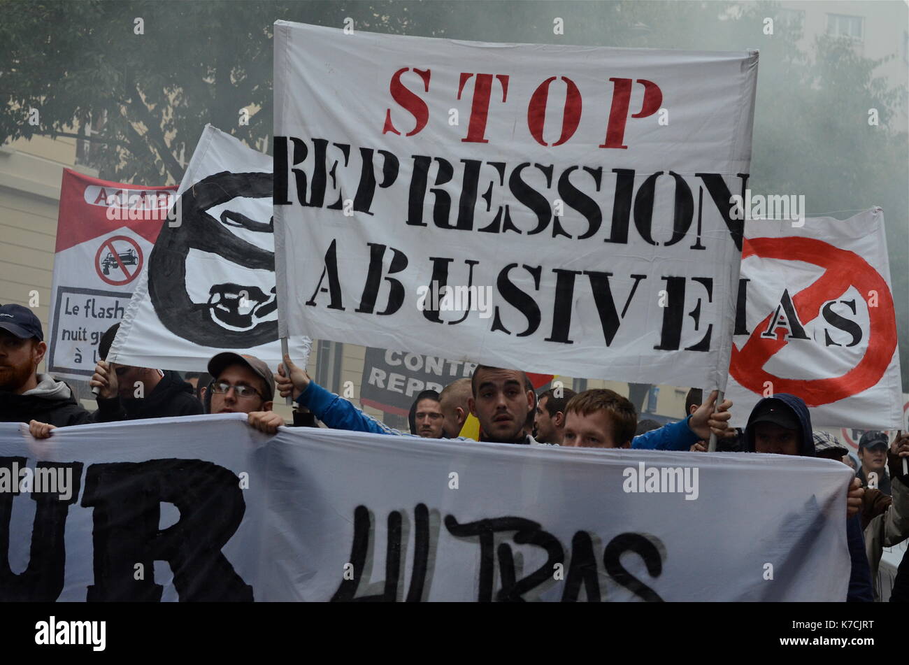 Football supporters march to protest Police violences, Lyon, France ...