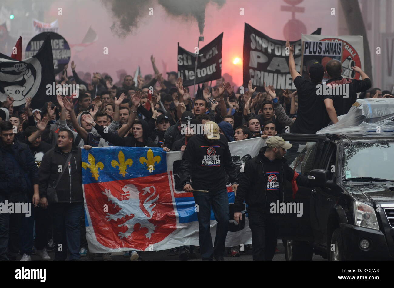 Football supporters march to protest Police violences, Lyon, France ...