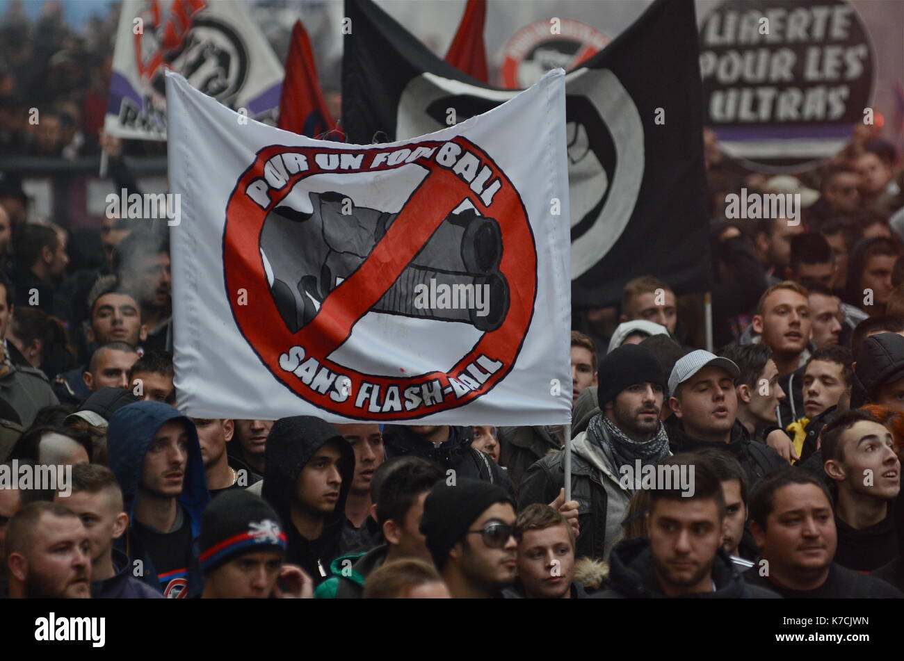 Football supporters march to protest Police violences, Lyon, France ...