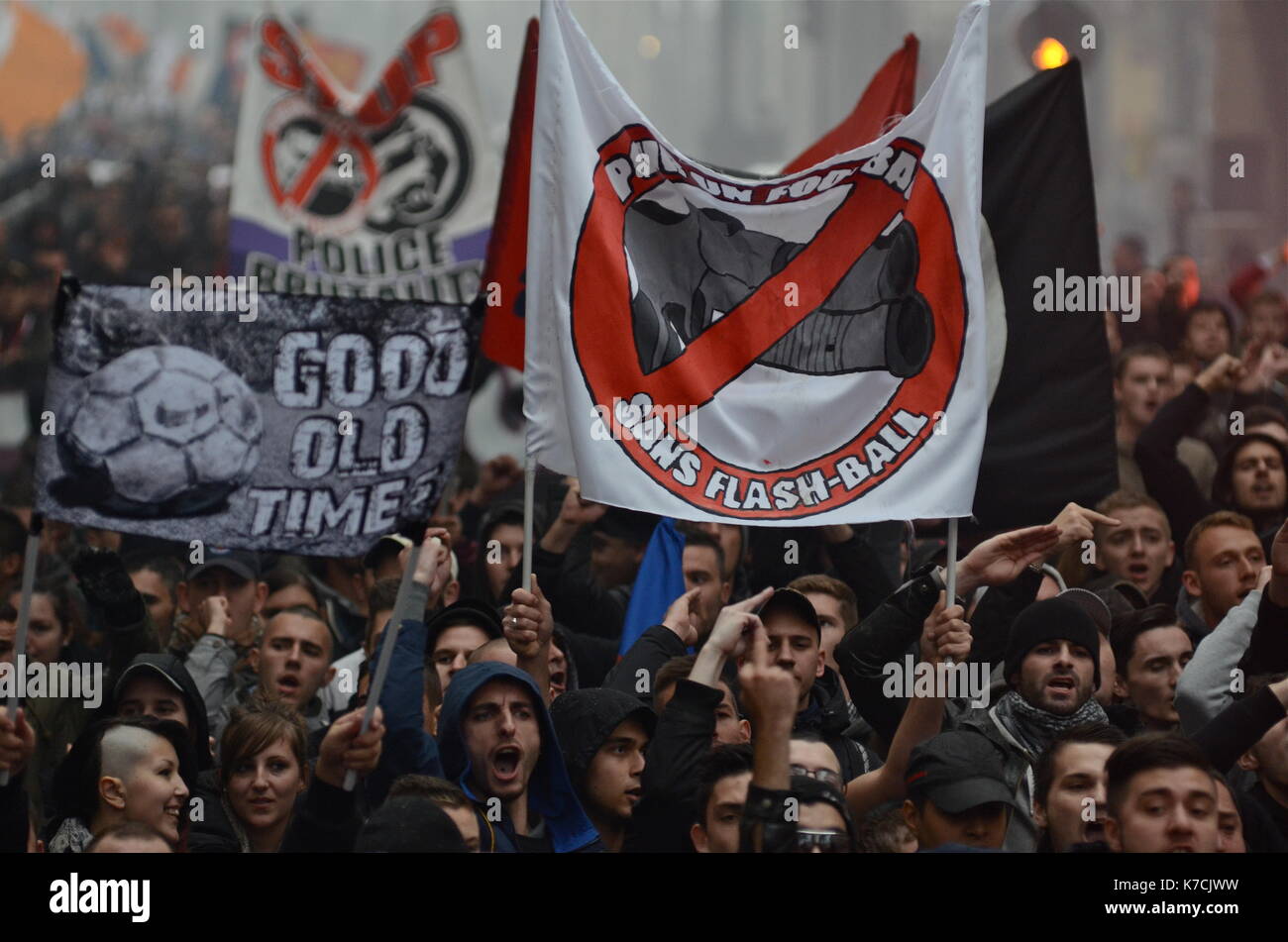 Football supporters march to protest Police violences, Lyon, France ...