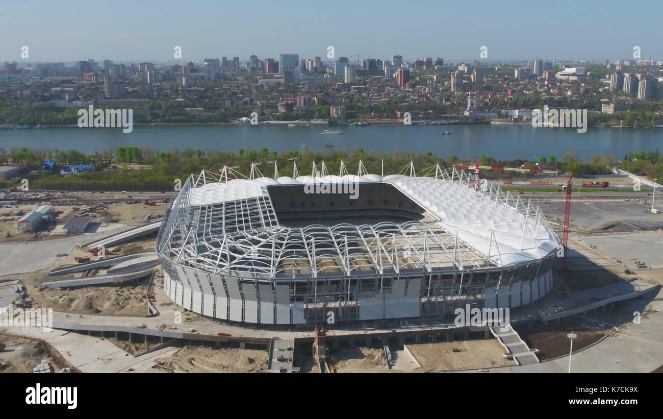 Aerial view on construction and reconstruction of football stadium ...