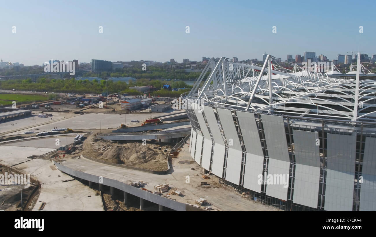 Aerial view on construction and reconstruction of football stadium ...