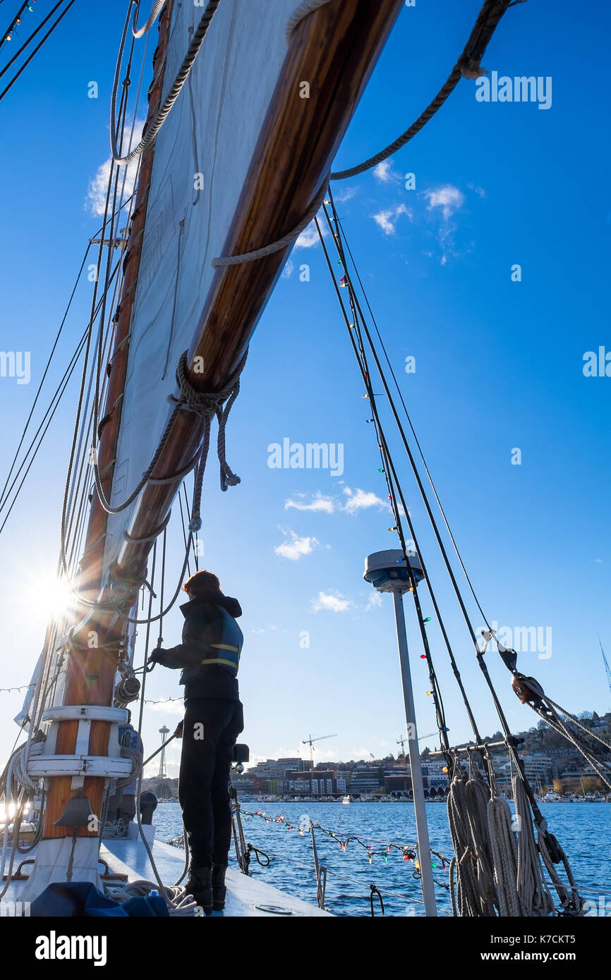 Seattle sailing on Lake Union on a vintage tall masted schooner. Sun ...