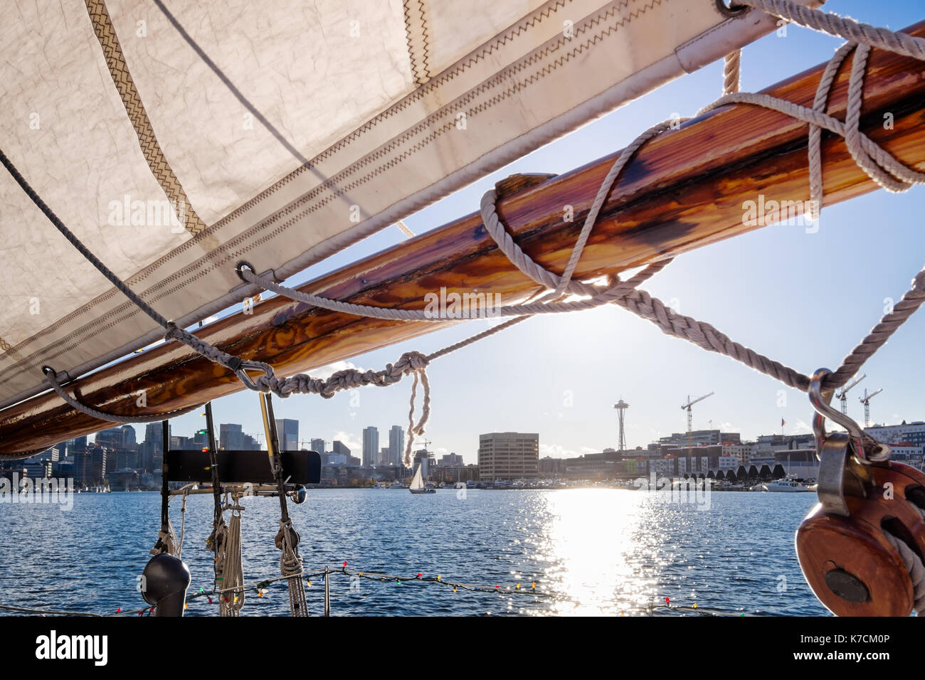 Seattle sailing on Lake Union in a vintage yacht, sailboat. Sail frames ...