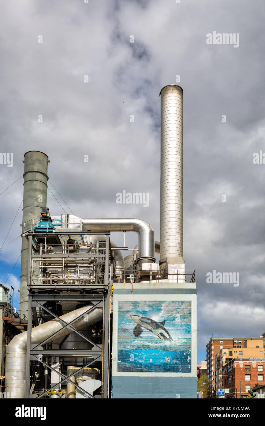 SEATTLE-APR 12, 2014: Orca whale depicted on an exterior mural at the ...