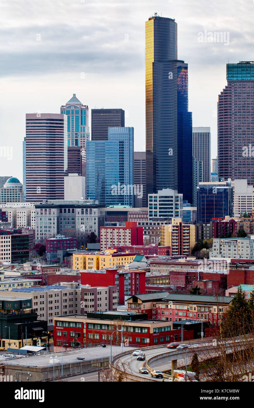 Seattle downtown. Colorful buildings, towering skyscrapers and a ...