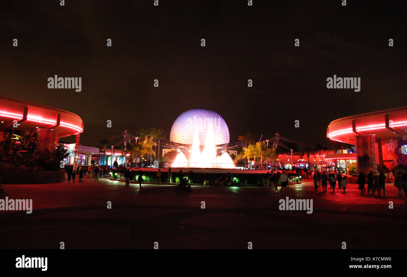 EPCOT Disneyworld's famous spaceship earth golf ball at night with ...