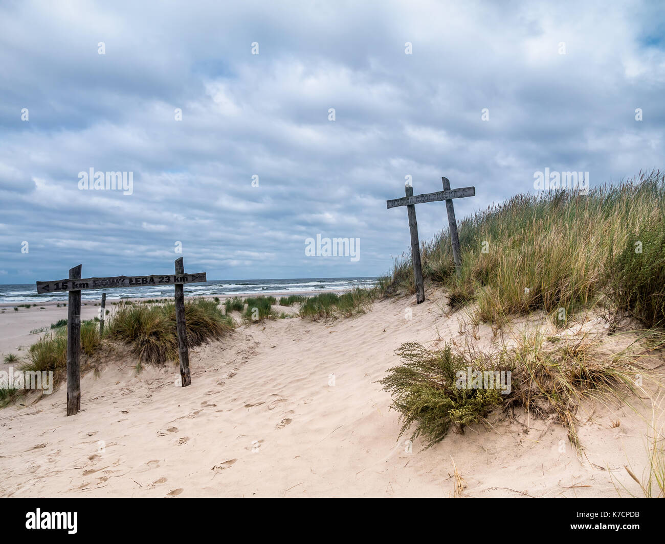 Tourist trail wooden signs to Wydma Czolpinska - moving dune in the ...