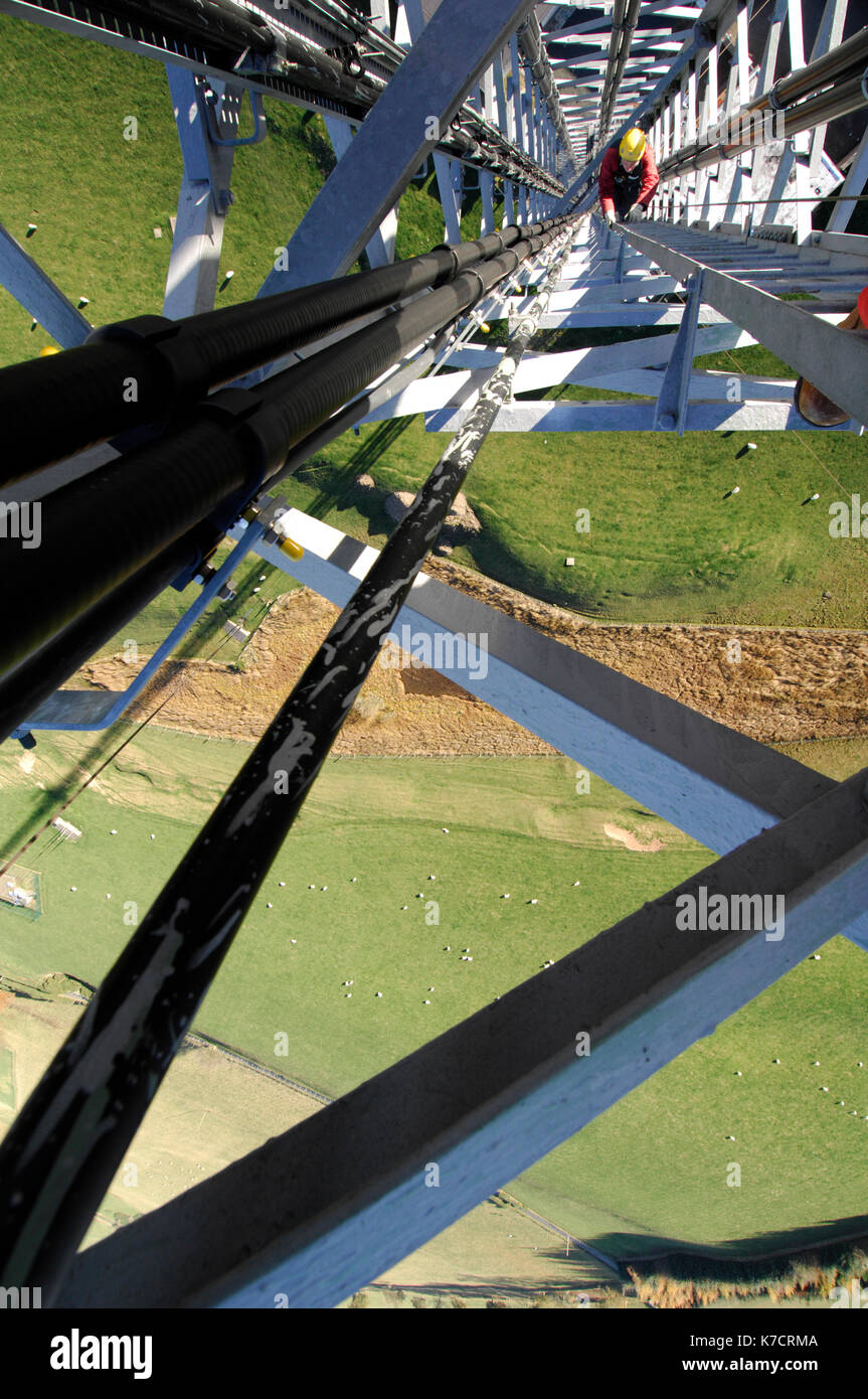 Aerial riggers and engineers working on a telecoms telecommunications ...