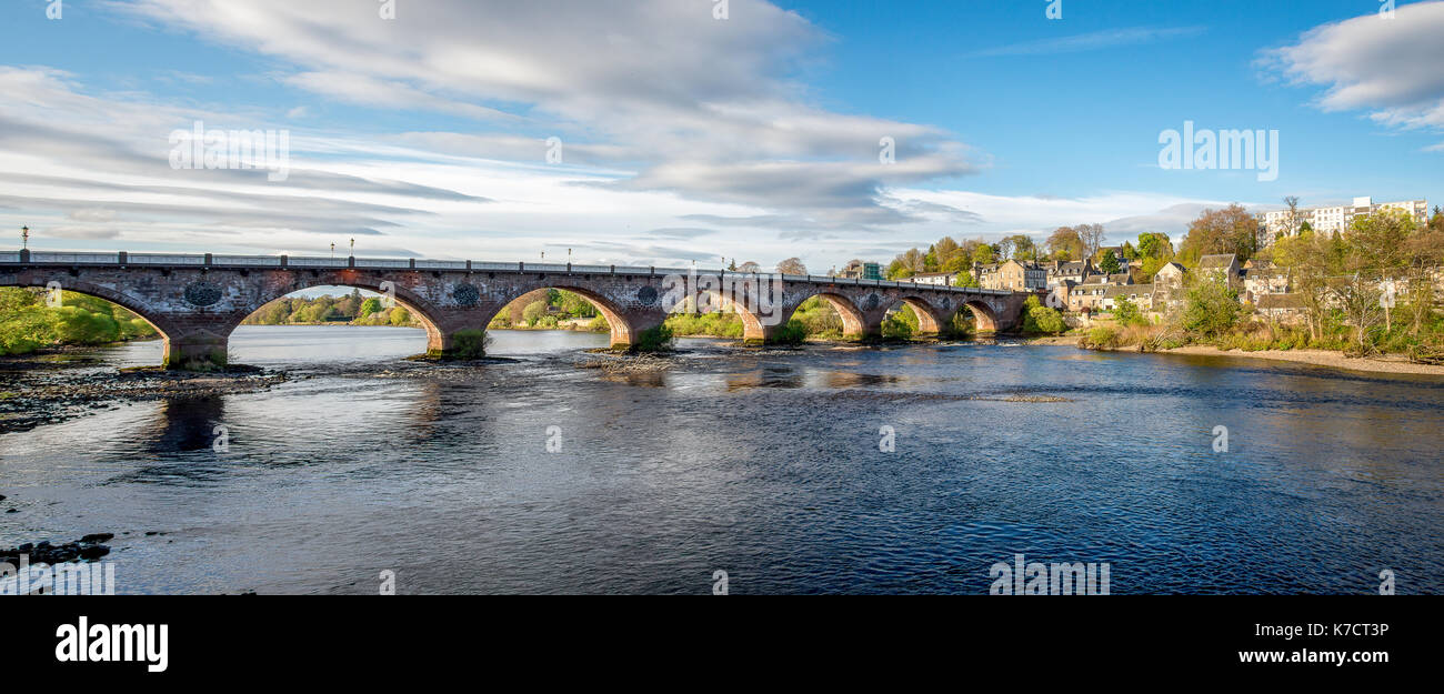 Scenic arched West Bridge across River Tay in Perth city, Scotland ...