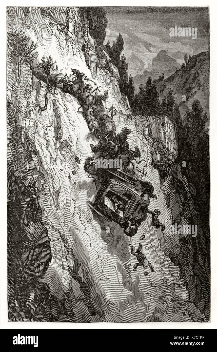 Old illustration of a coach falling in a ravine. By Dore, publ. on Le ...
