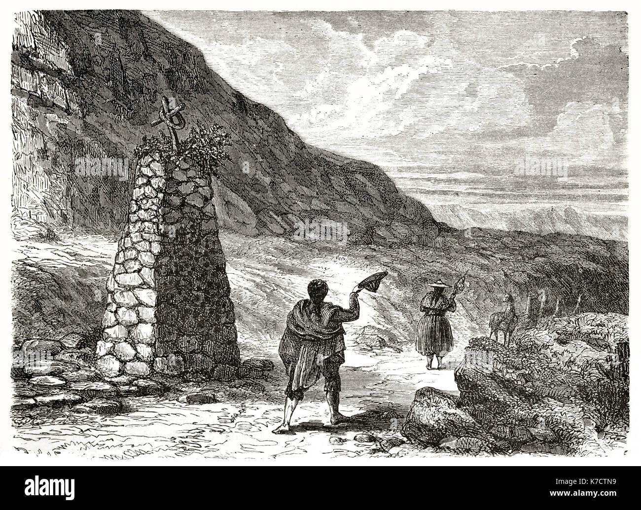 Old view of an Apacheta (stone piles builded on Andean passes). By Riou ...