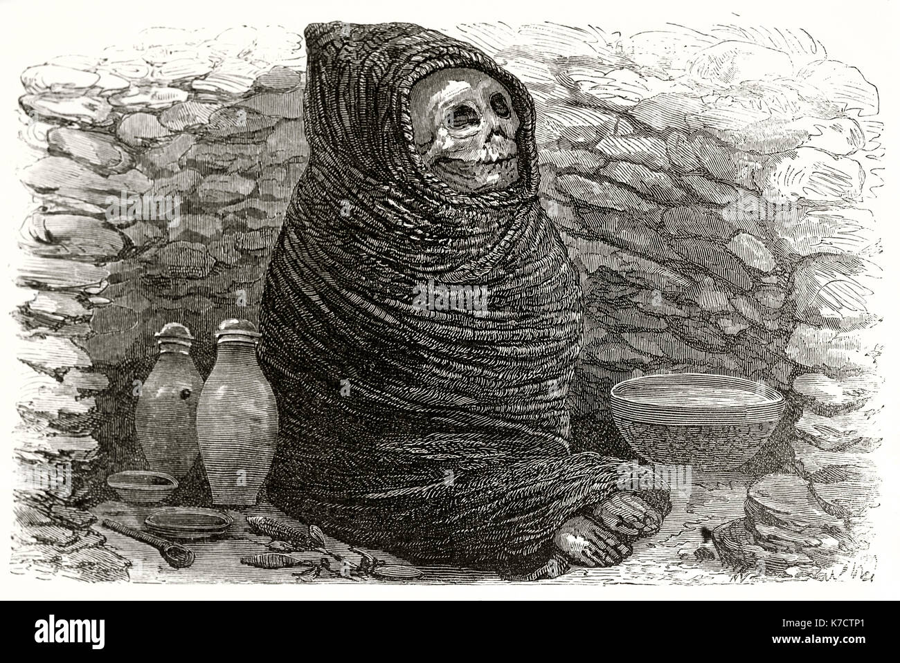 Old illustration of indigenous Aymara mummy, Suth America. By Riou ...