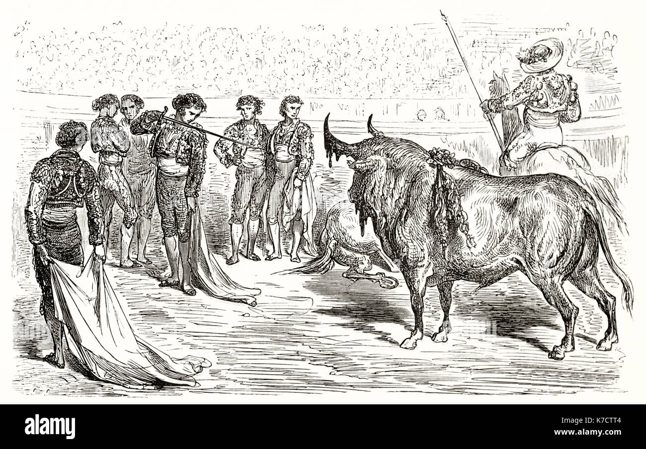 Old illustration of bullfighting (Matador pointing sword). By Dore ...